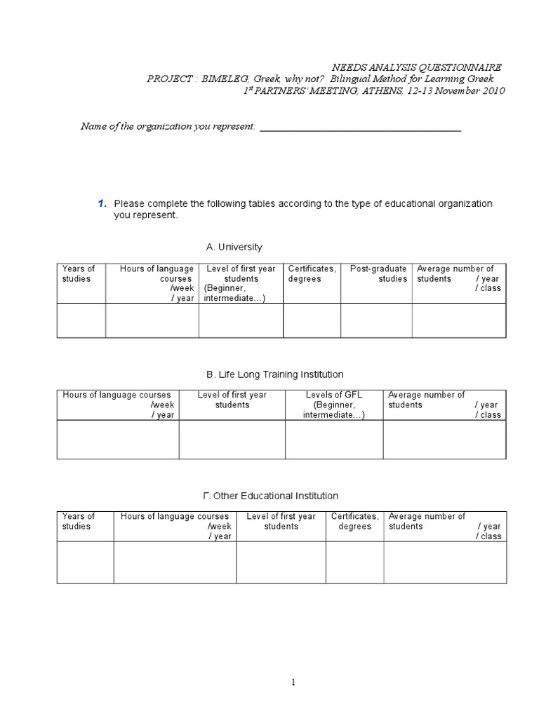Needs Analysis Questionnaire - English | PDF | Language Education ...