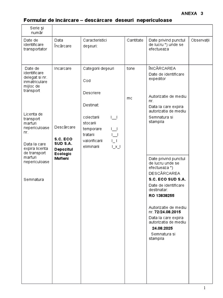 Formular de încărcare – descărcare deseuri nepericuloase