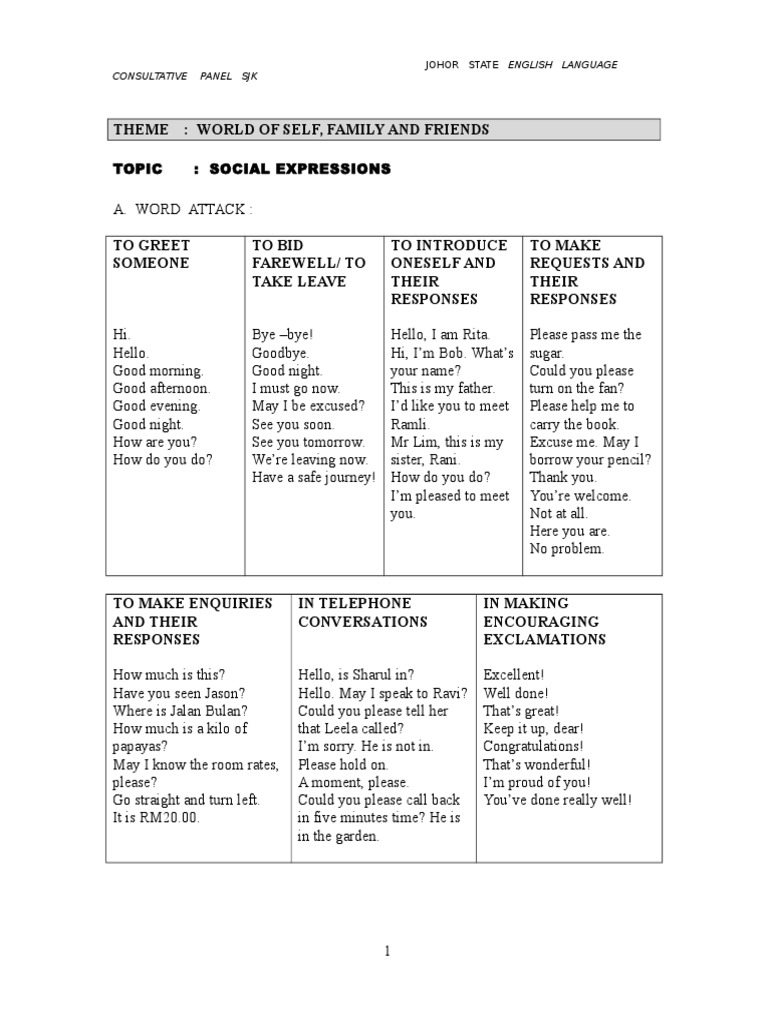 Social Expressions Practice Worksheet | PDF