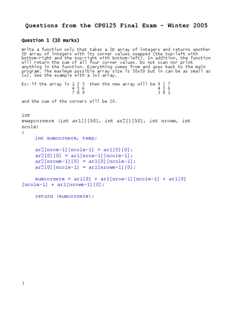 Questions From The CPS125 Final Exam - Winter 2005: Question 1 (10 ...