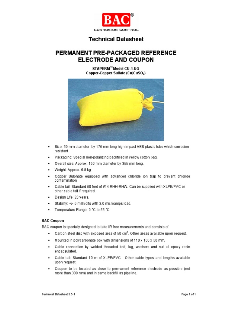 Technical Datasheet Permanent Pre-Packaged Reference Electrode And ...