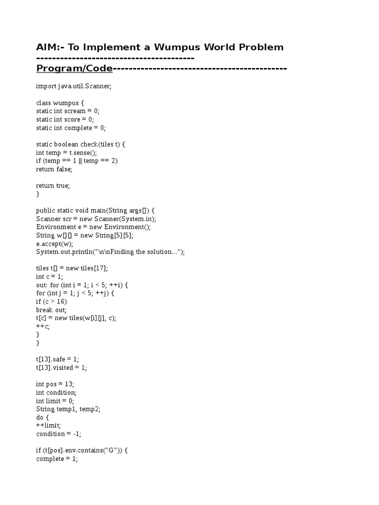 Aim To Implement A Wumpus World Problem Programcode Pdf Computer Programming Software