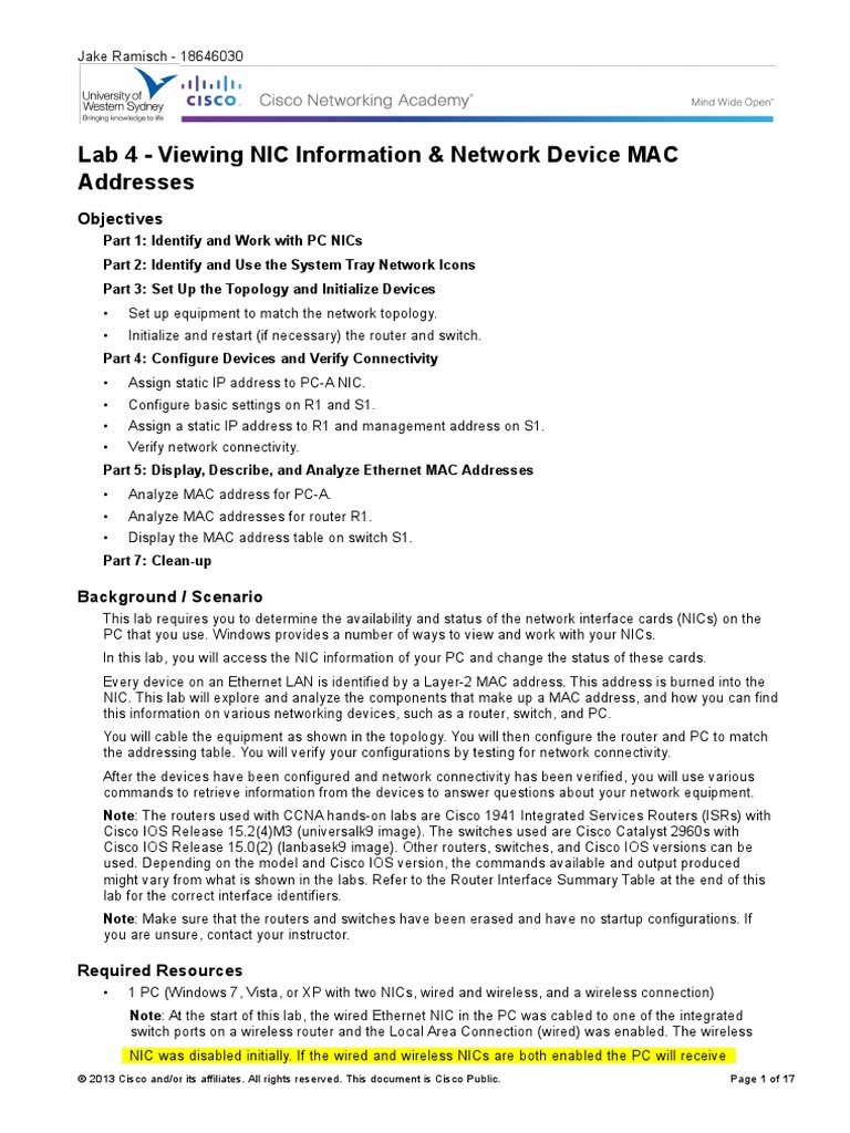 Lab 4 - Viewing NIC Information & Network Device MAC Addresses | PDF