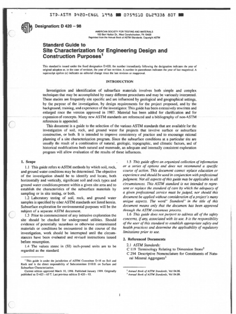 ASTM D420-98 Site Characterisation For Engineering Design and ...