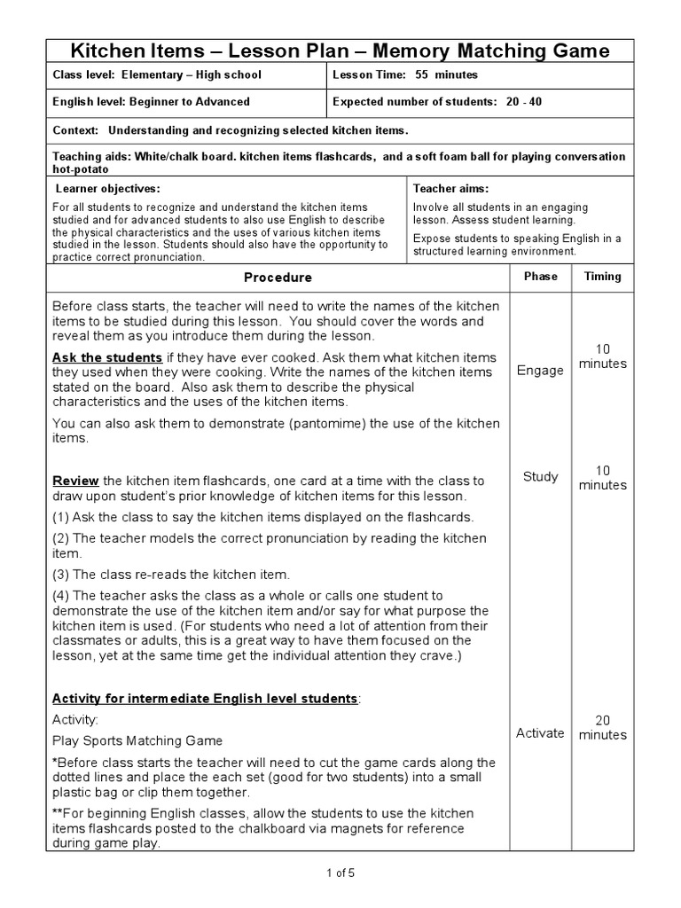 Kitchen Items - Lesson Plan - Memory Matching Game | PDF | Flashcard ...