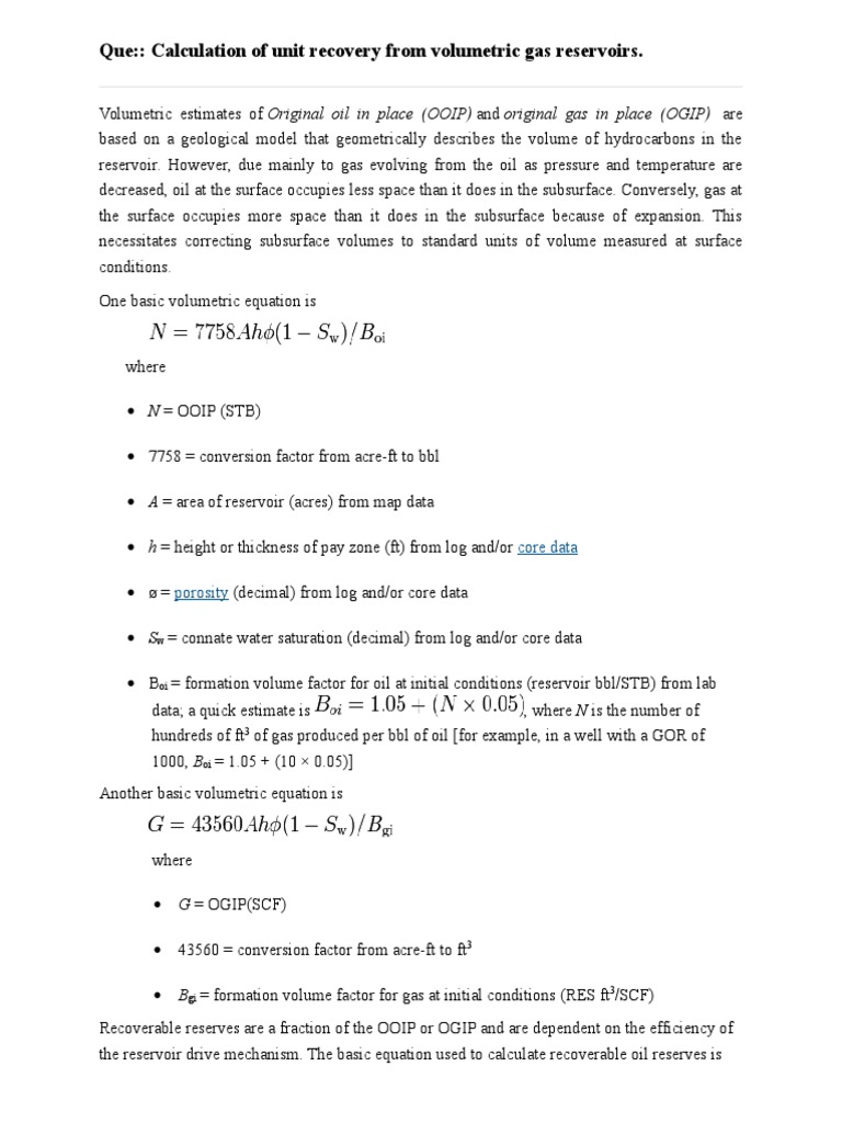Que:: Calculation of Unit Recovery From Volumetric Gas Reservoirs | PDF ...
