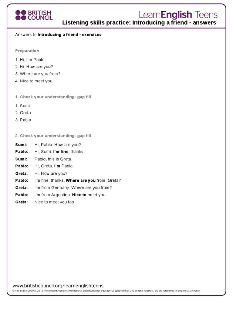 Answers: Introducing a Friend Exercises | PDF | Self-Improvement