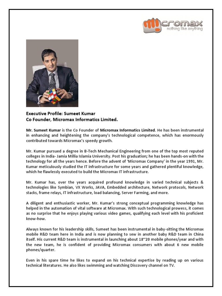 Executive Profile: Sumeet Kumar Co Founder, Micromax Informatics ...