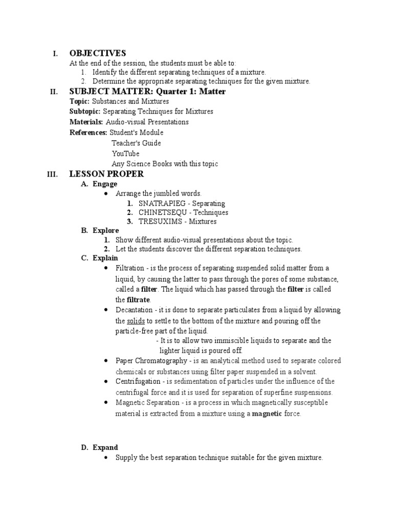 Lesson Plan For Separation Techniques For Mixtures (5 E's Lesson Plan ...