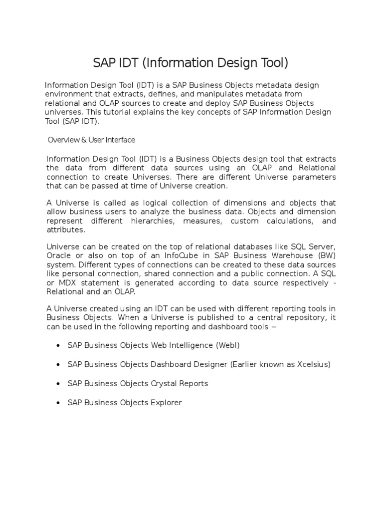 SAP IDT (Information Design Tool) : Overview & User Interface | PDF | Relational Database | Metadata
