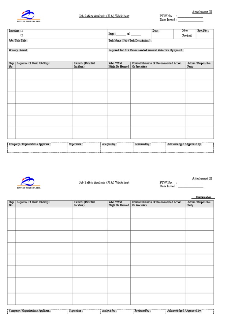 Job Safety Analysis (JSA) Worksheet Attachment III PTW No.: - Date ...