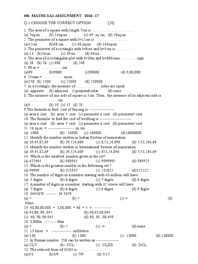 6Th Maths Sa1 Assignment 2016 - 17 | PDF | Rectangle | Polytopes