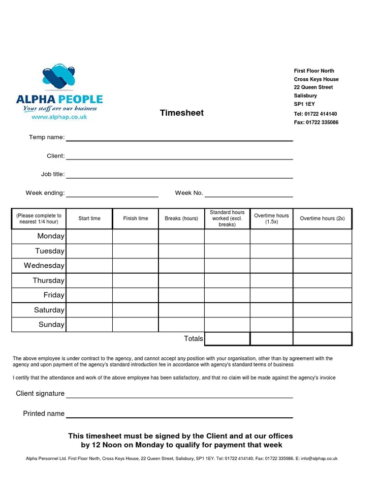 Timesheet: Monday Tuesday Wednesday Thursday Friday Saturday Sunday | PDF