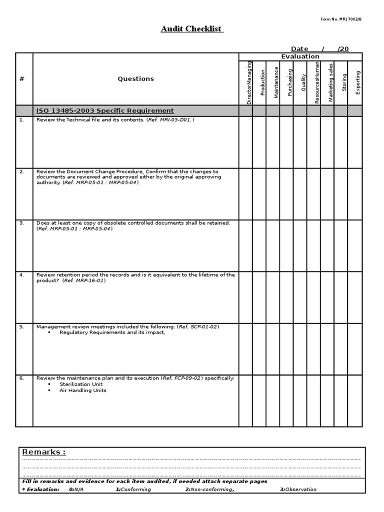 Audit Checklist for ISO 13485 | Audit | Technology