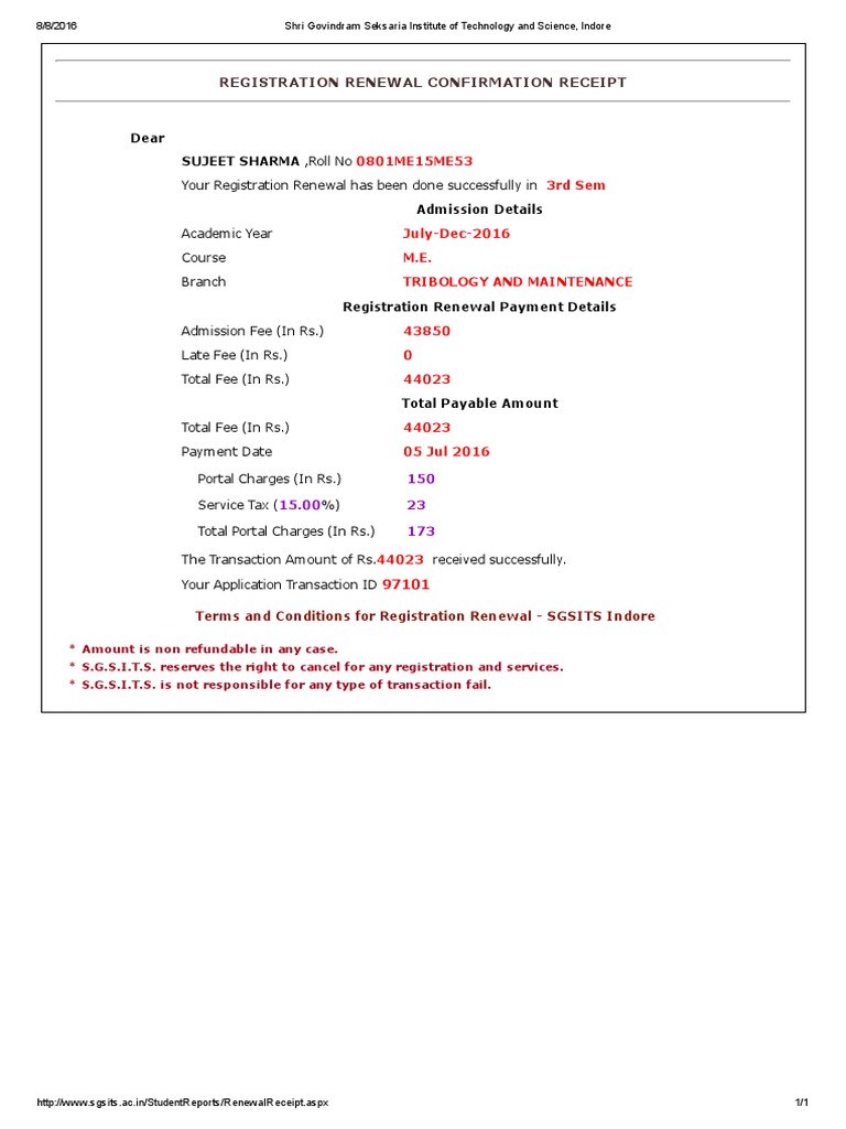 SGSITS Registration Renewal Receipt | PDF