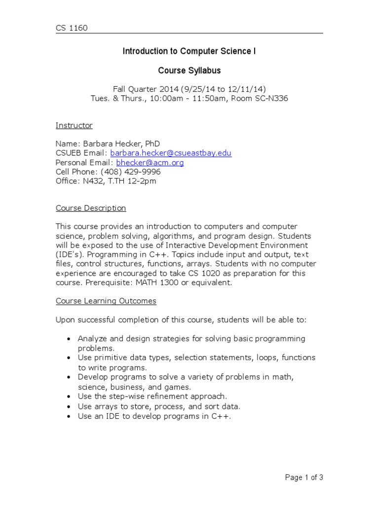 Introduction to Computer Science I Course Syllabus: barbara.hecker ...