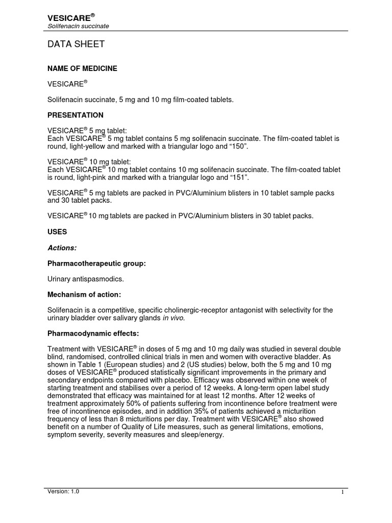 Data Sheet: Vesicare | Download Free PDF | Pharmacokinetics | Urinary ...