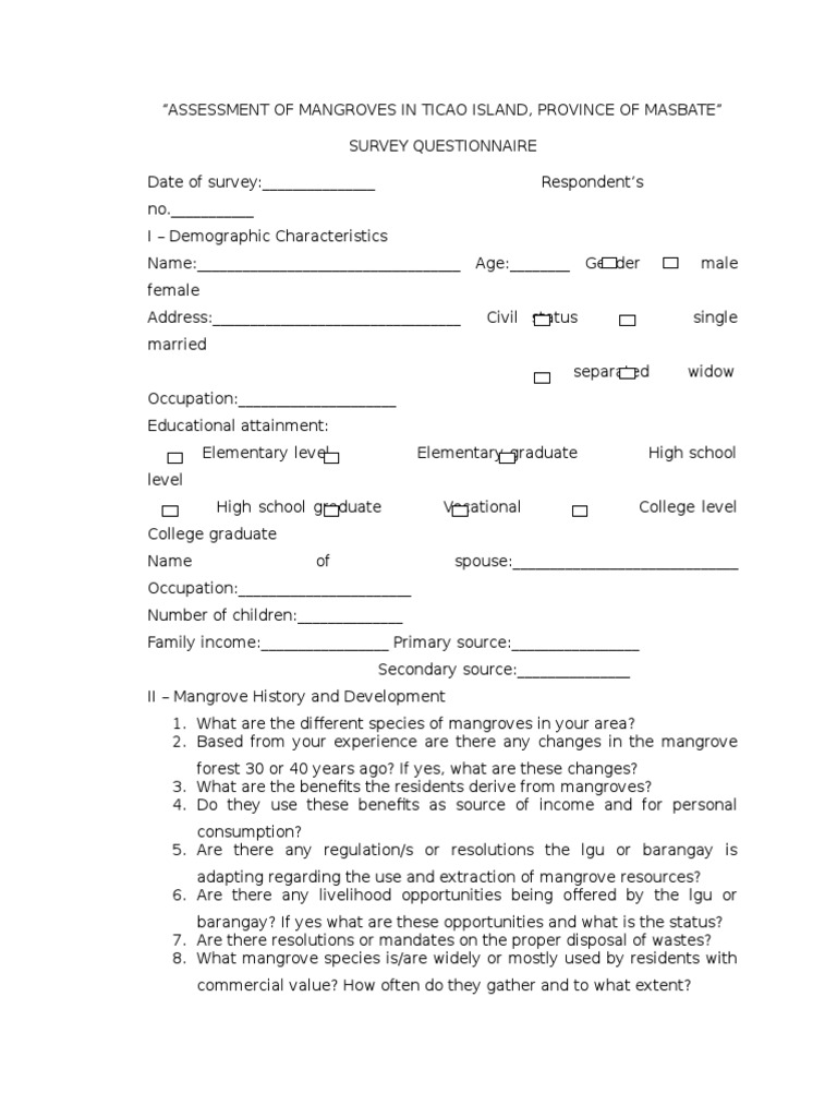 Mangrove Assessment Survey Questionnaire | PDF