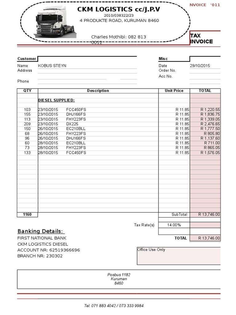 Invoice Diesel - Kobus Steyn 11 | PDF | Payments | Business