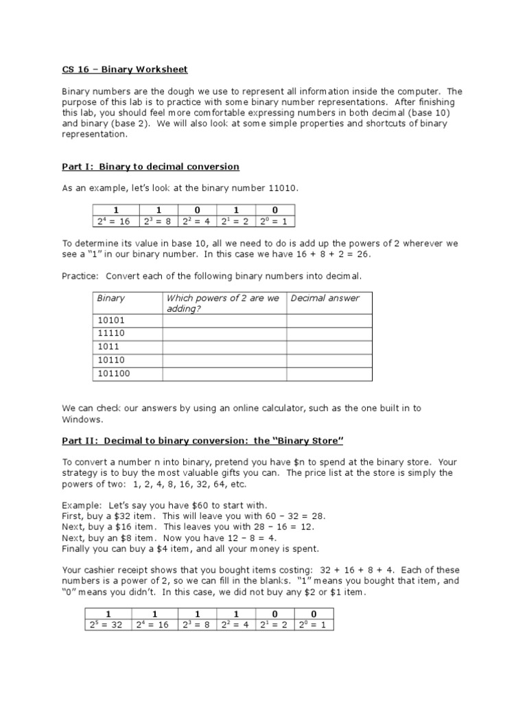Binary Worksheet | PDF | Notation | Encodings