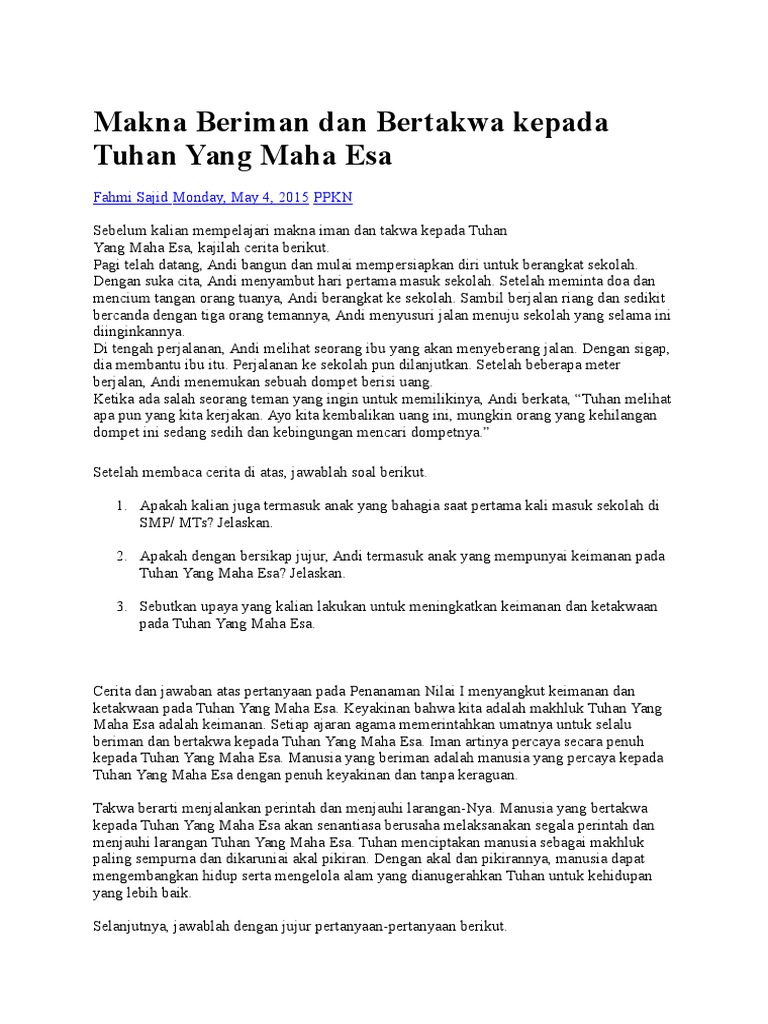 Makna Beriman Dan Bertakwa Kepada Tuhan Yang Maha Esa | PDF