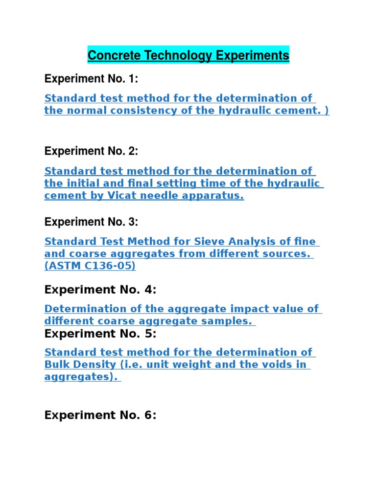 Concrete Technology Experiments: Experiment No. 1 | PDF