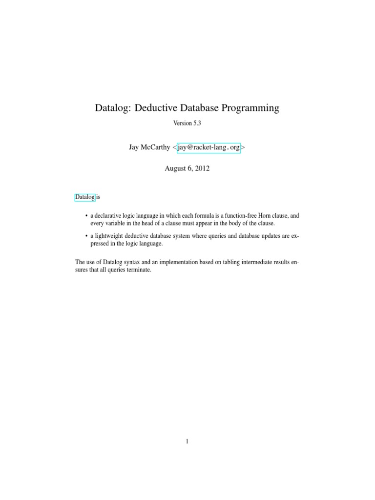 Datalog: Deductive Database Programming: Jay Mccarthy Jay@Racket-Lang | PDF | String (Computer ...