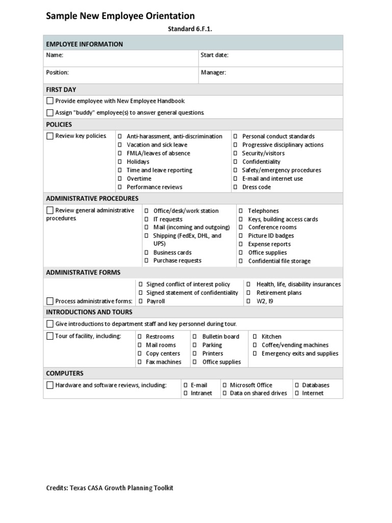 Sample New Employee Orientation: Standard 6.F.1. Employee Information | PDF
