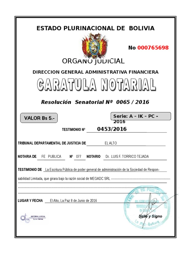 Caratula Notarial Testimonio de Otorgamiento de Poder | PDF