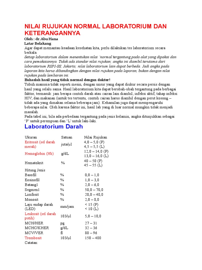 Nilai Rujukan Normal Laboratorium Dan Keterangannya | PDF