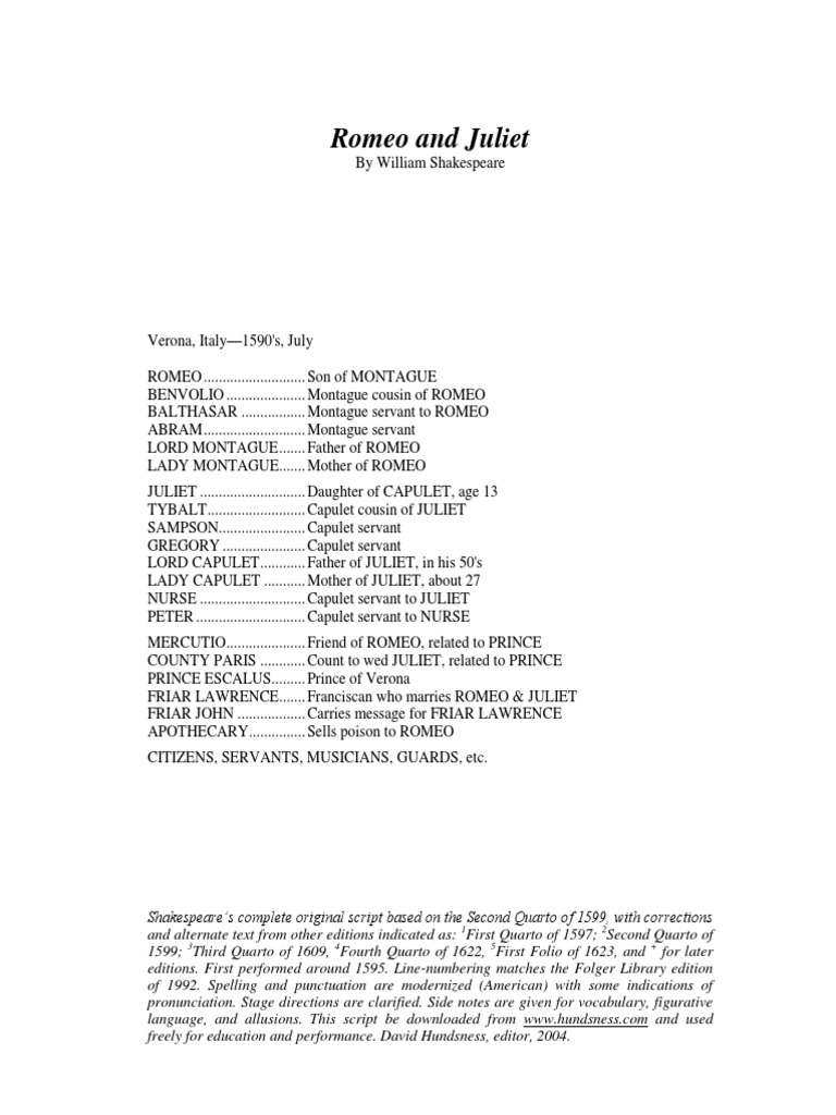 ORIGINAL Romeo & Juliet Script | Characters In Romeo And Juliet ...