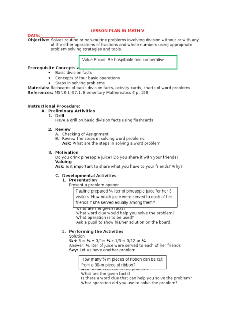 Division Problem Solving Lesson Plan | PDF | Teaching Mathematics | Nature