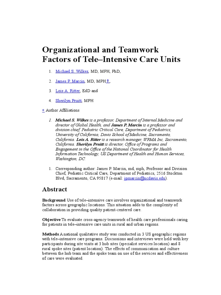 Organizational and Teamwork Factors of Tele | PDF | Intensive Care ...