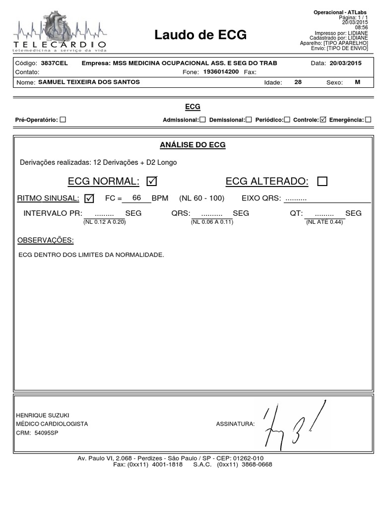 Laudo de ECG: Ecg Normal: Ecg Alterado