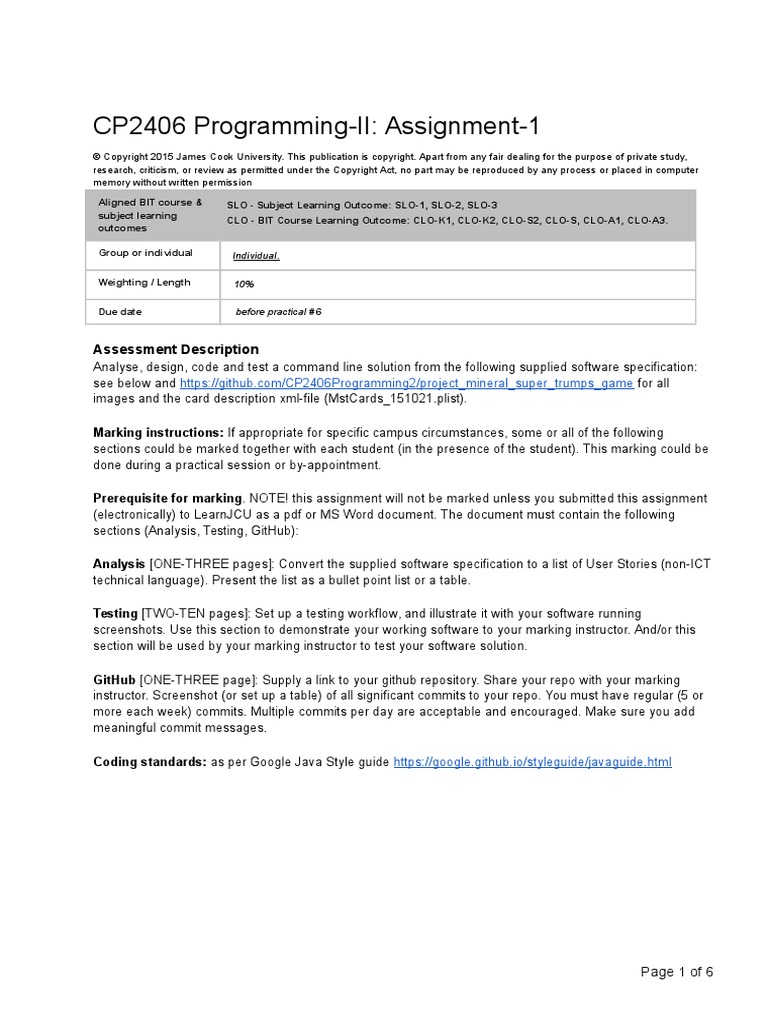 CP2406 Programming-II: Assignment-1: Assessment Description | PDF ...