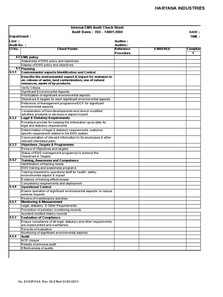 EHS Internal Audit Check Sheet | PDF | Regulatory Compliance | Risk