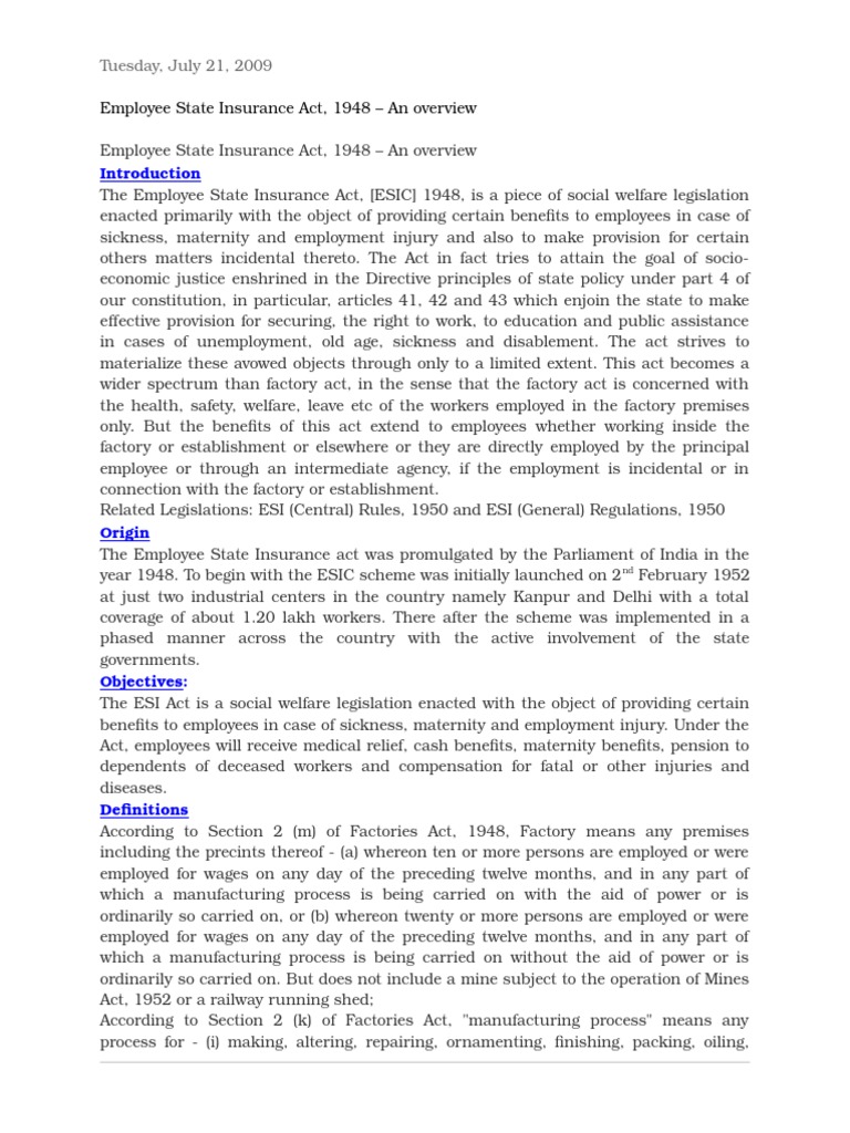 An Overview of the Employee State Insurance Act, 1948: Objectives ...