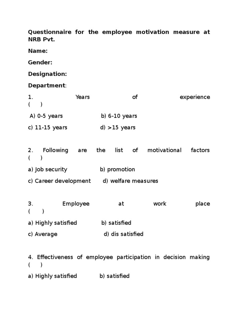 Questionnaire For The Employee Motivation Measure at NRB PVT | PDF ...