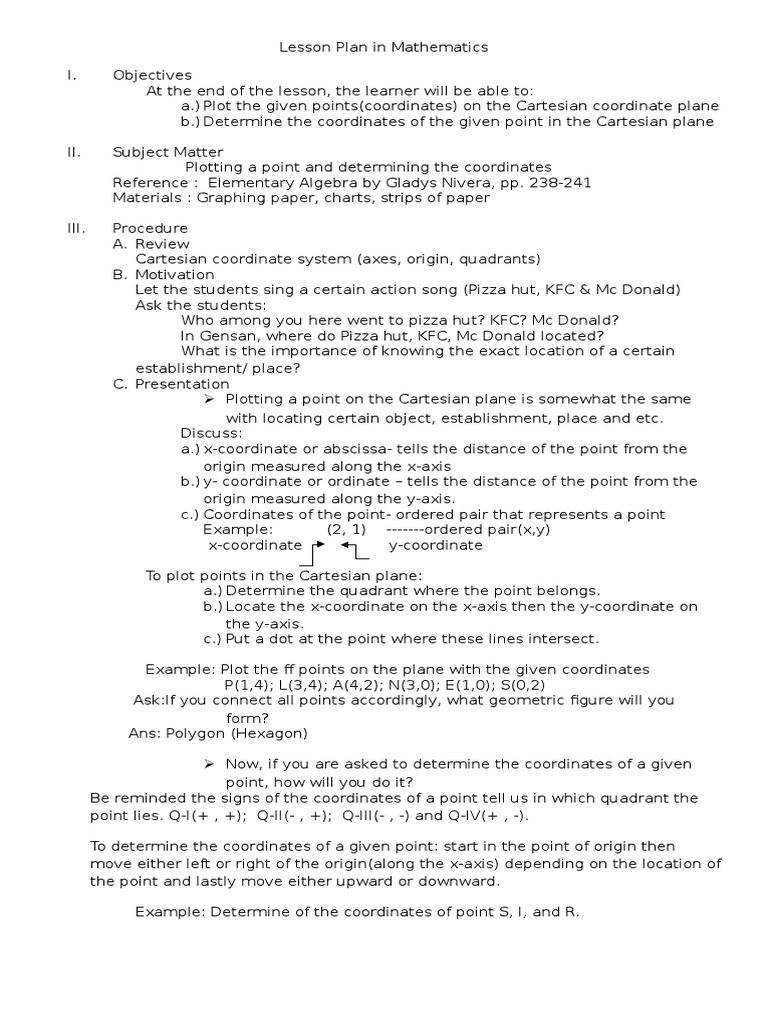 Demo-Detailed Lesson Plan in Mathematics | PDF | Cartesian Coordinate ...