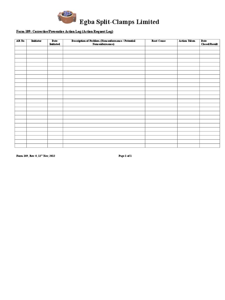 Corrective Action Log Form 109 | PDF | Finance & Money Management ...