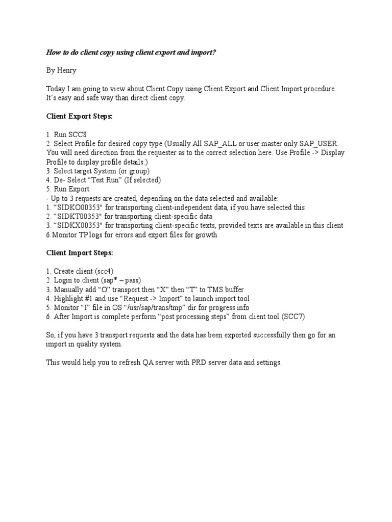 How To Do Client Copy Using Client Export and Import | PDF