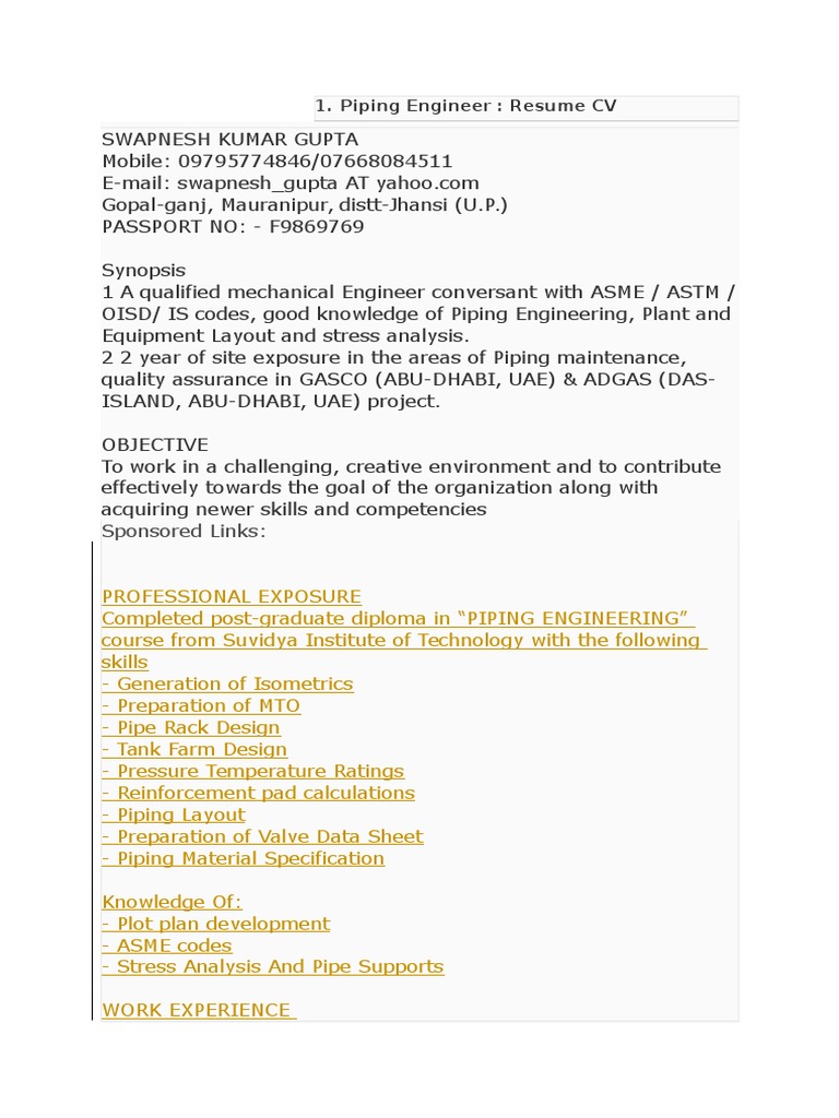 Piping Engineer: Resume CV: Sponsored Links | PDF | Engineering | Pipe ...