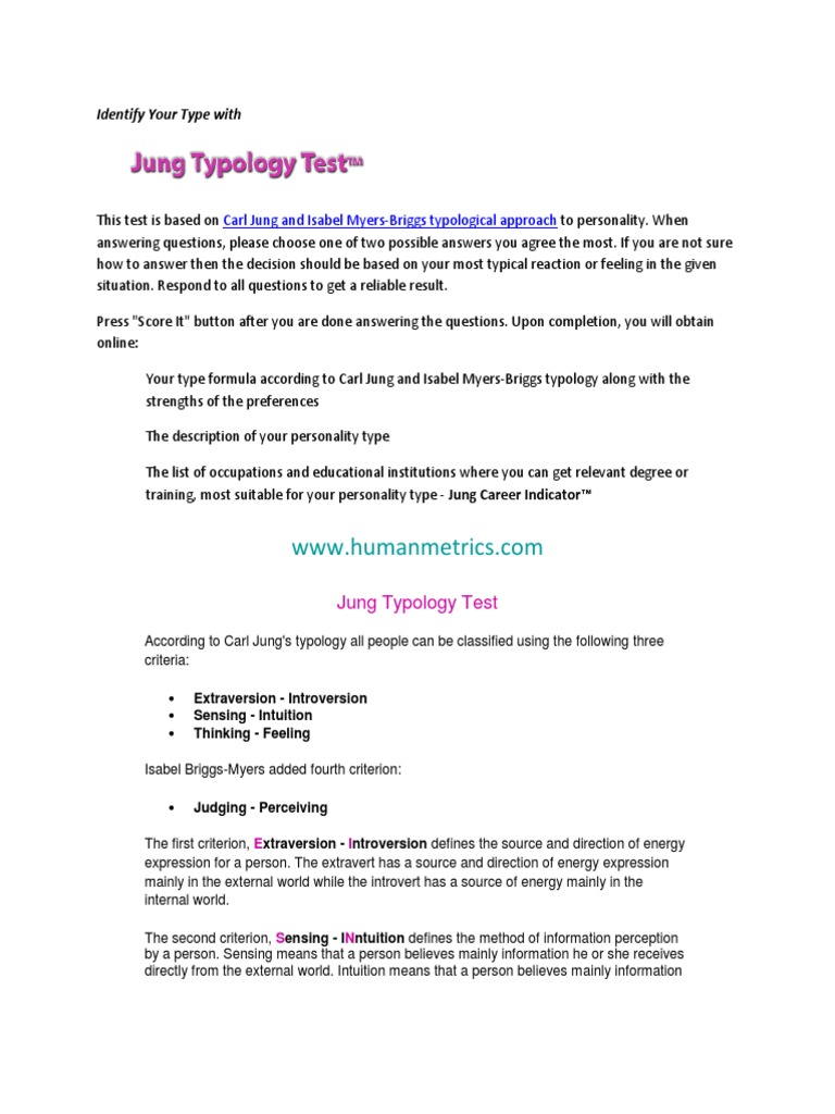 Identify Your Type With Jung Typology Test | PDF | Personality Type ...