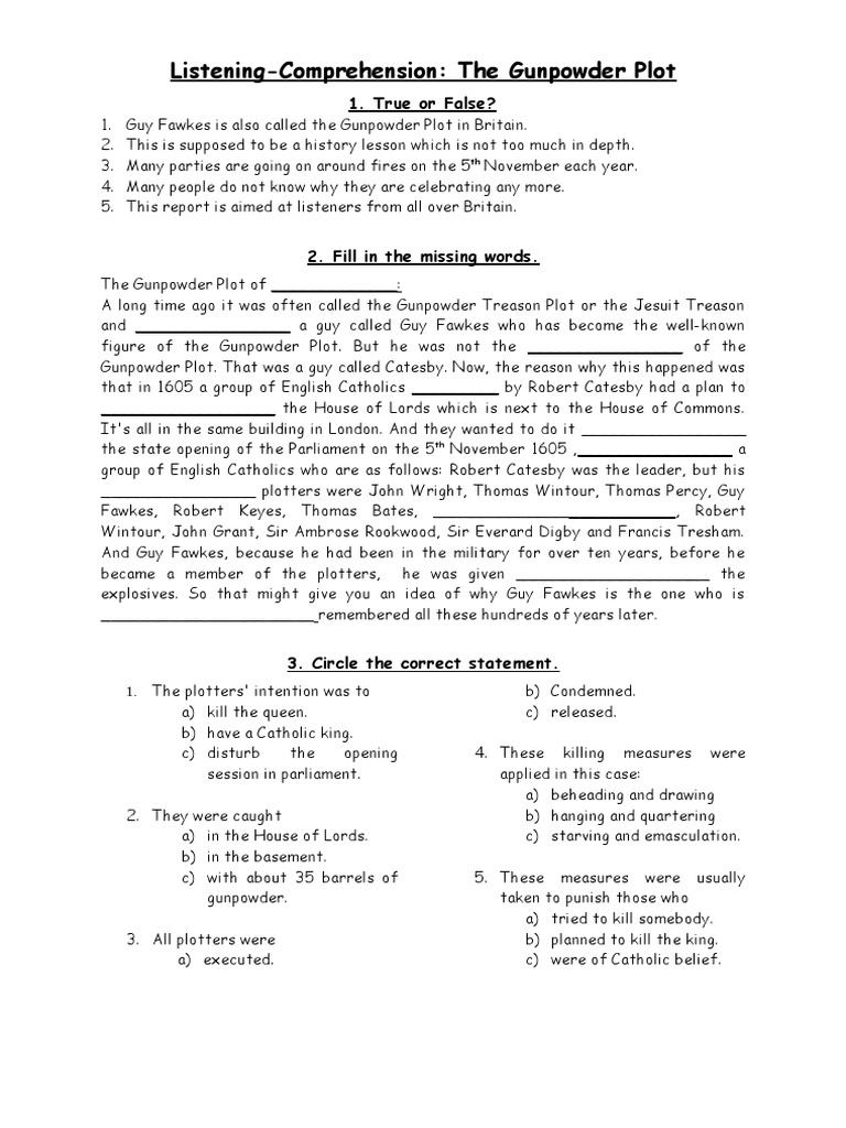 Listening-Comprehension: The Gunpowder Plot: 1. True or False? | PDF ...