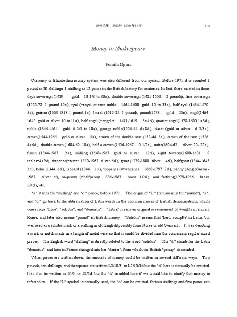 Money in Shakespeare | PDF | Usury | Penny