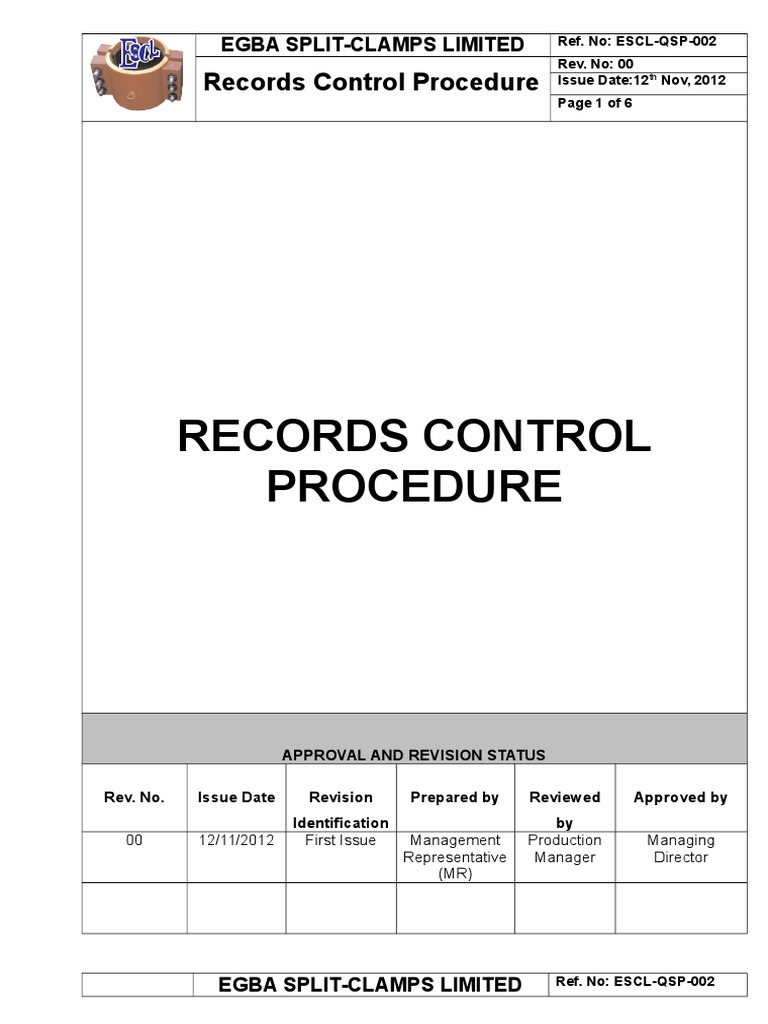 ESCL-QSP-002, Records Control Procedure | PDF | Computer Data Storage | Quality Management System
