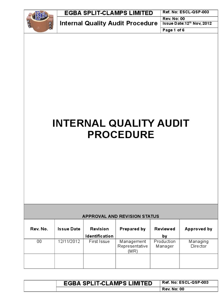 ESCL-QSP-003, Internal Quality Audit Procedure | PDF | Financial Audit | Quality Management System