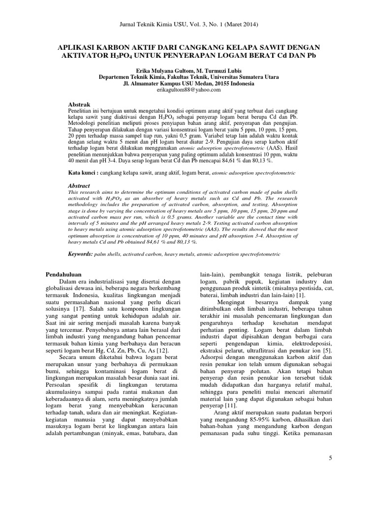 Aplikasi Karbon Aktif Dari Cangkang Kelapa Sawit Dengan Aktivator H3PO4 Untuk Penyerapan Logam ...