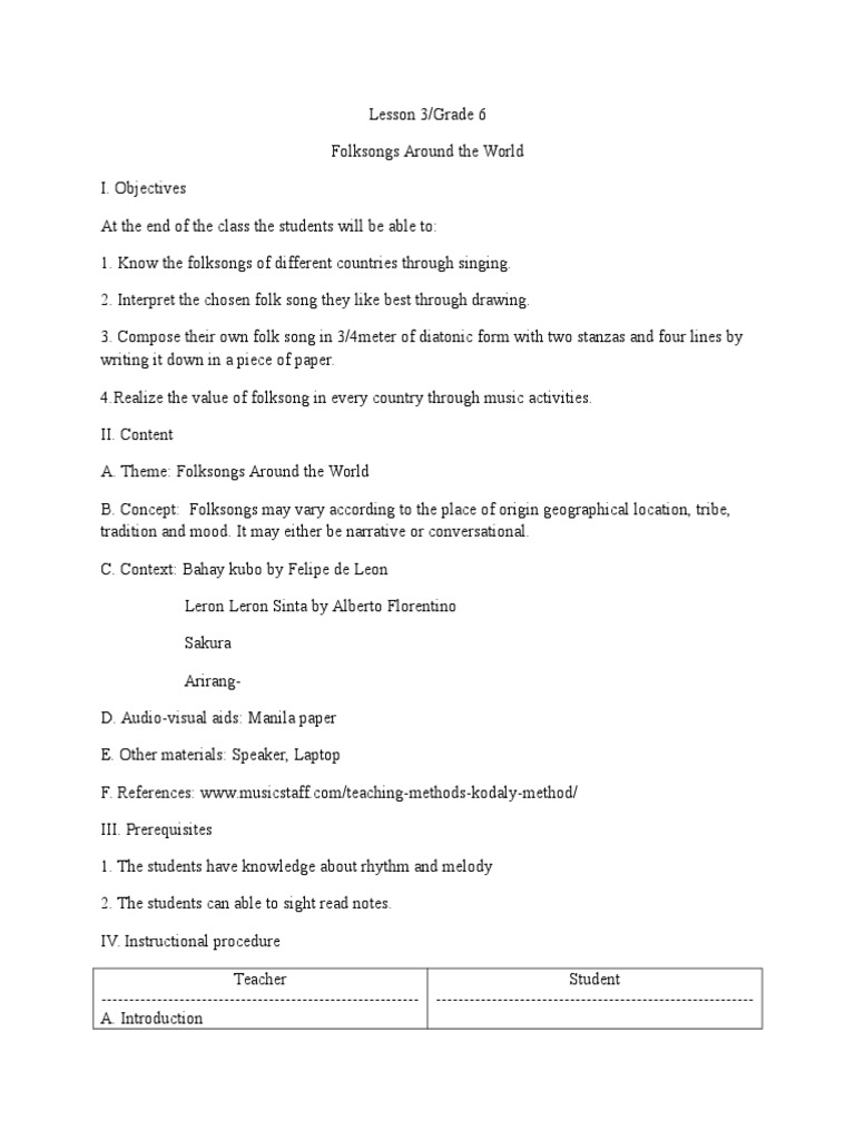 Lesson Plan 3 Folksong | PDF | Entertainment (General) | Leisure