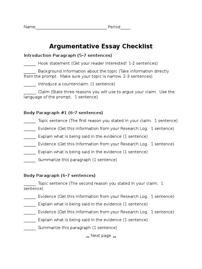 Argumentative Essay Checklist | PDF